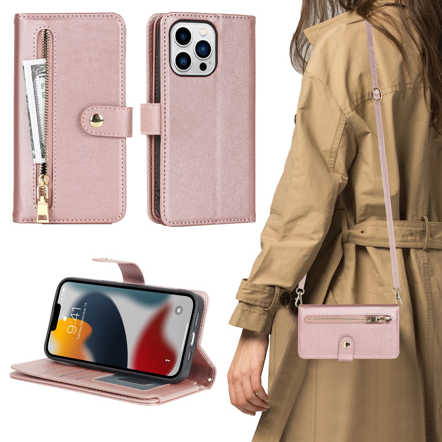 iCoverCase for iPhone 13 Pro Max Wallet Case with Card Holder, Adjustable Crossbody Lanyard PU Leather Kickstand Card Slots Zipper [Not Detachable] Flip Cover Case 6.7 Inch (Rose Gold)