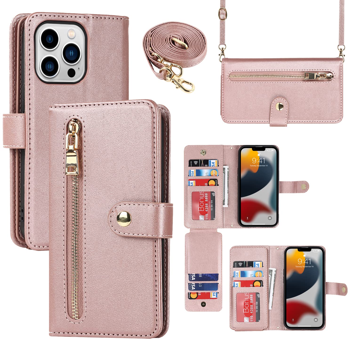 iCoverCase for iPhone 13 Pro Max Wallet Case with Card Holder, Adjustable Crossbody Lanyard PU Leather Kickstand Card Slots Zipper [Not Detachable] Flip Cover Case 6.7 Inch (Rose Gold)