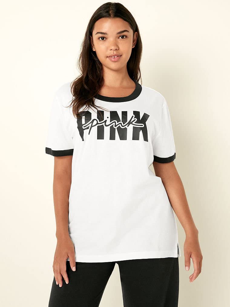 Victoria's Secret PINK Cotton Short Sleeve Campus T Shirt, Women's T Shirt, Optic White, XL