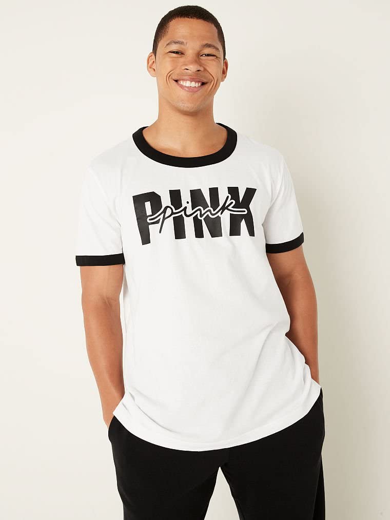 Victoria's Secret PINK Cotton Short Sleeve Campus T Shirt, Women's T Shirt, Optic White, XL