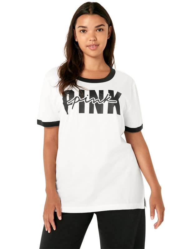 Victoria's Secret PINK Cotton Short Sleeve Campus T Shirt, Women's T Shirt, Optic White, XL