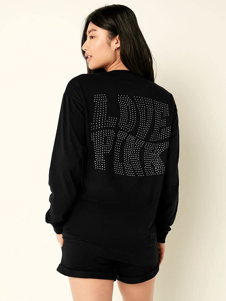 Victoria's Secret Pink Cotton Long Sleeve Campus T Shirt, Women's T Shirt, Pure Black, XL