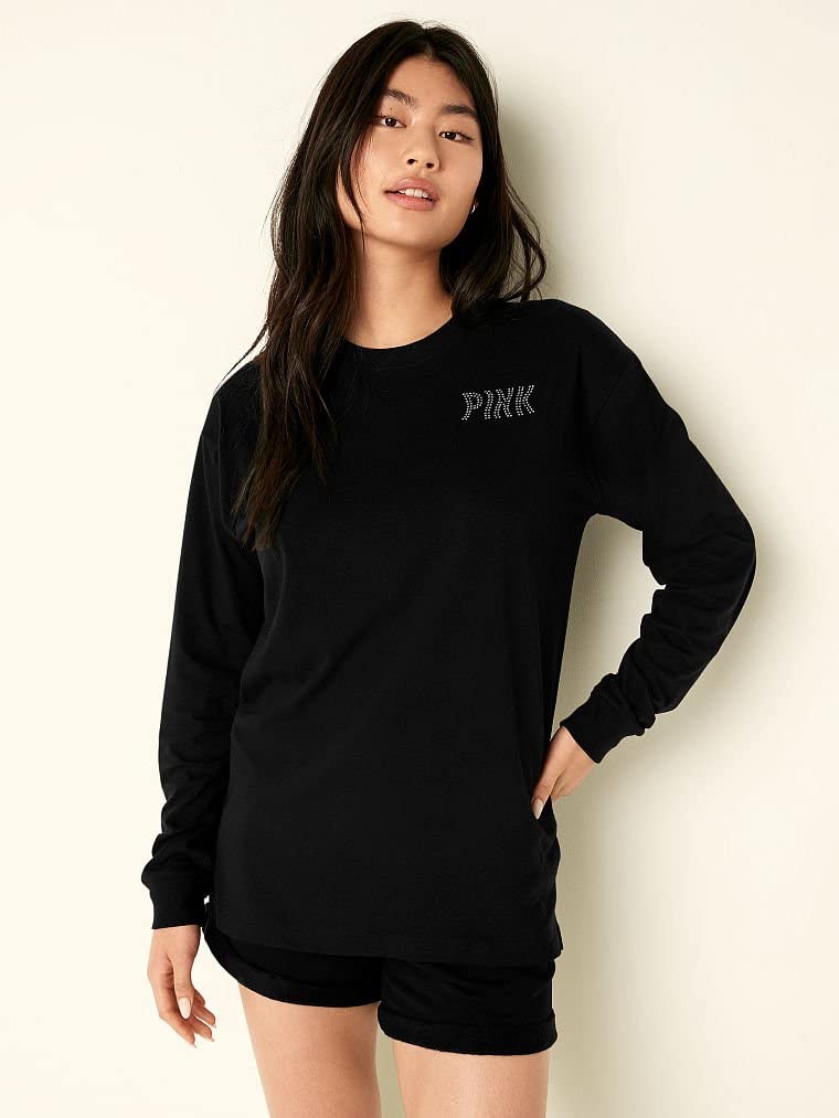 Victoria's Secret Pink Cotton Long Sleeve Campus T Shirt, Women's T Shirt, Pure Black, XL