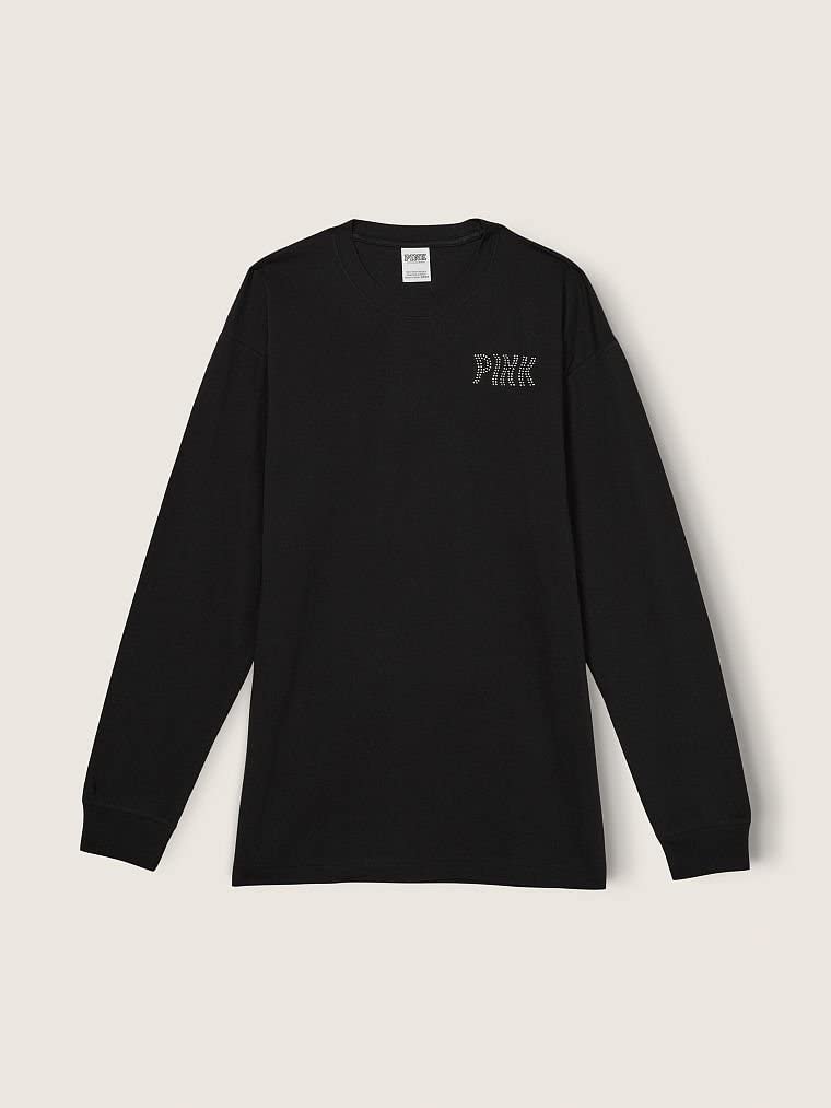 Victoria's Secret Pink Cotton Long Sleeve Campus T Shirt, Women's T Shirt, Pure Black, XL