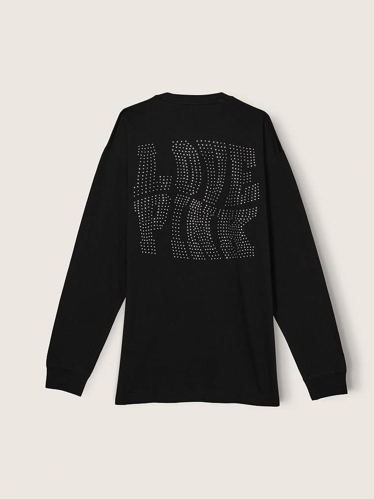Victoria's Secret Pink Cotton Long Sleeve Campus T Shirt, Women's T Shirt, Pure Black, XL