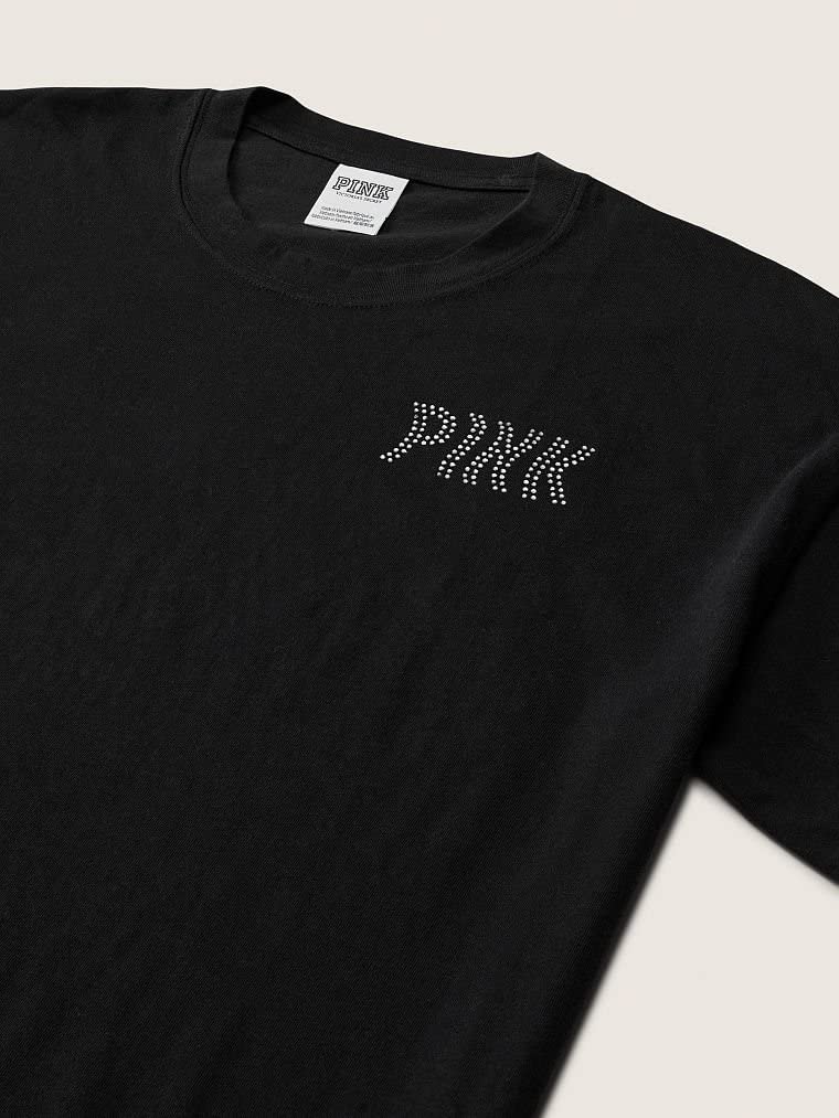 Victoria's Secret Pink Cotton Long Sleeve Campus T Shirt, Women's T Shirt, Pure Black, XL