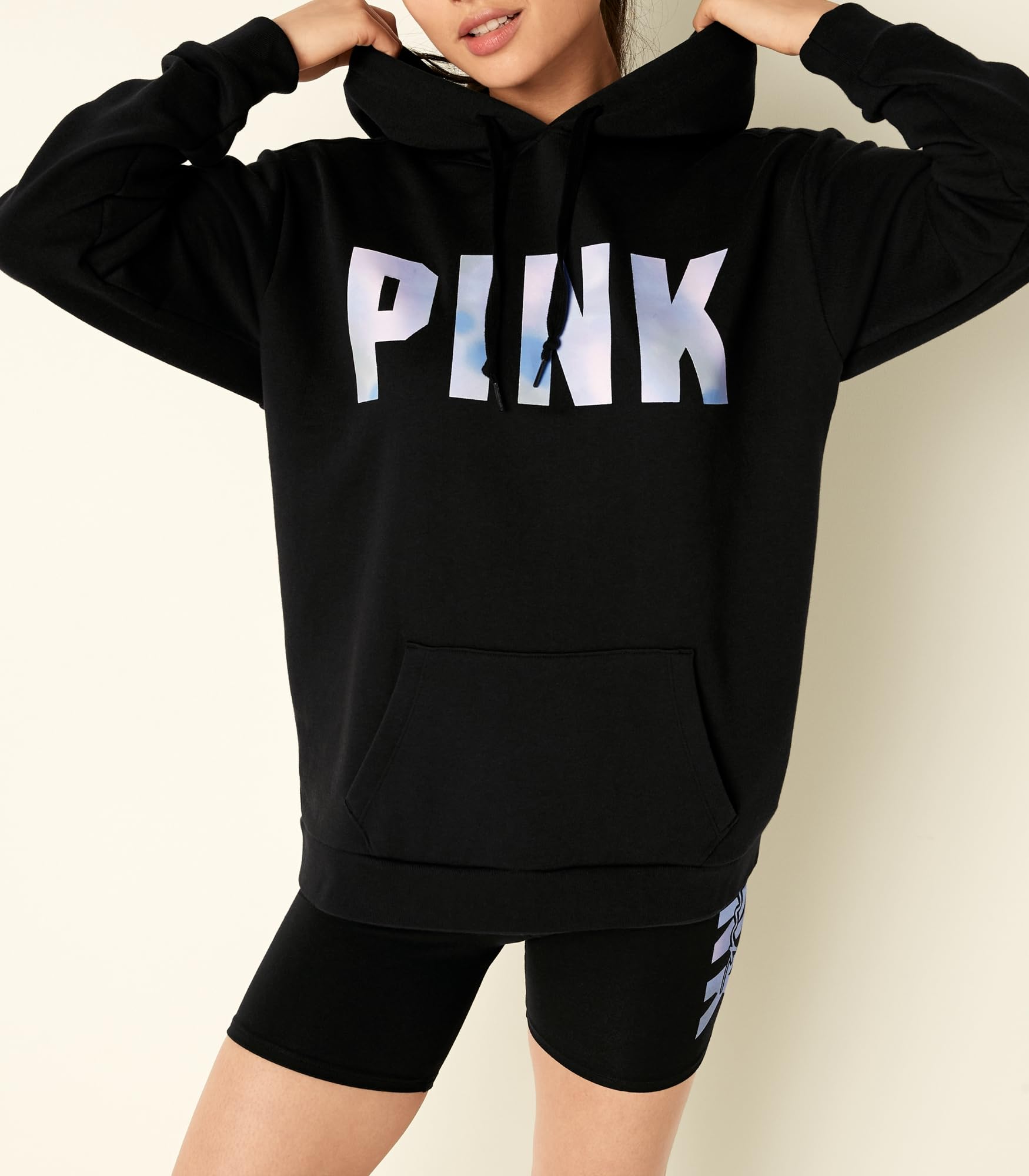 Victoria's Secret Women's PINK Logo Campus Hoodie Sweatshirt, Black Multi, (XL)
