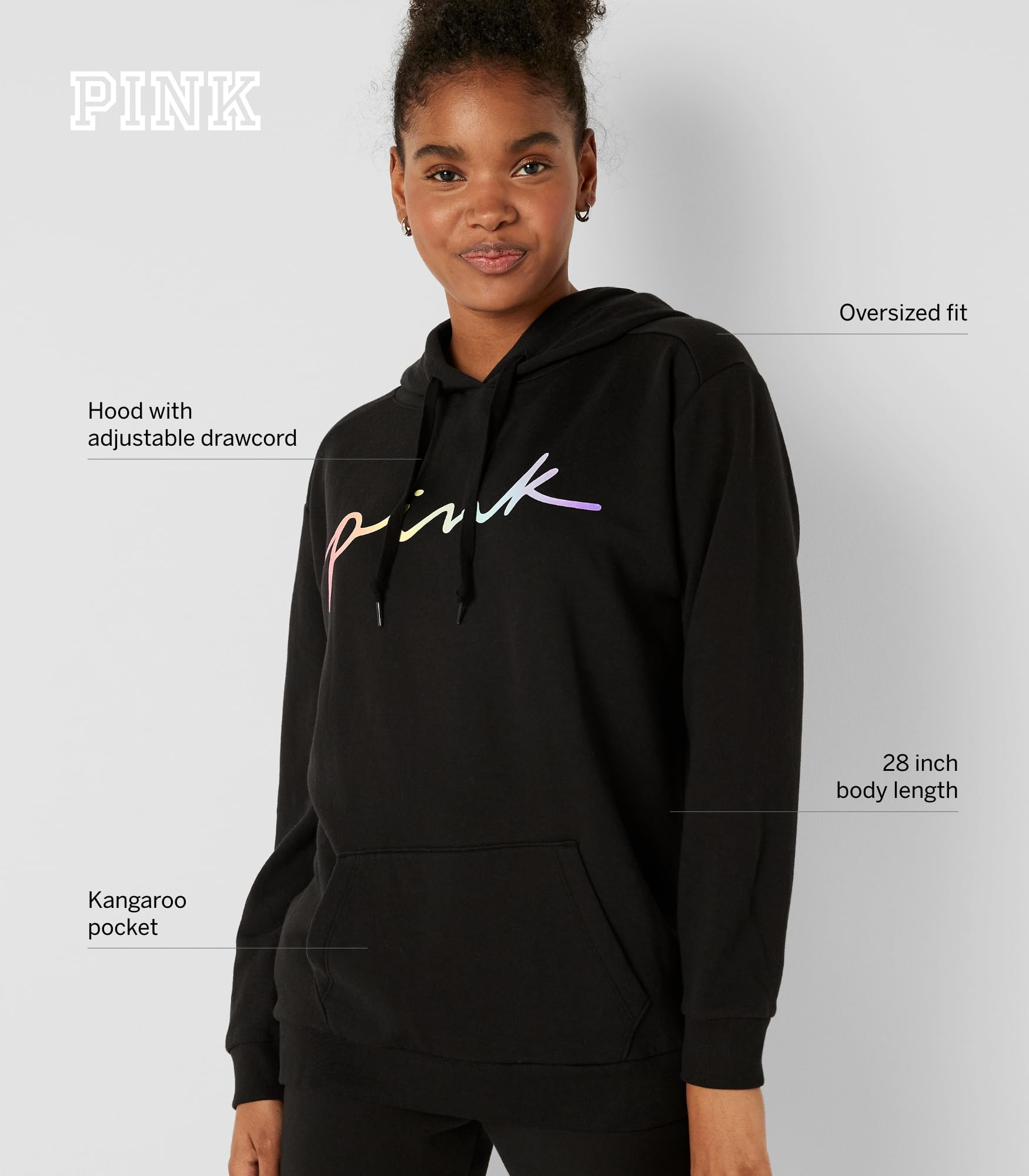 Victoria's Secret Women's PINK Logo Campus Hoodie Sweatshirt, Black Multi, (XL)
