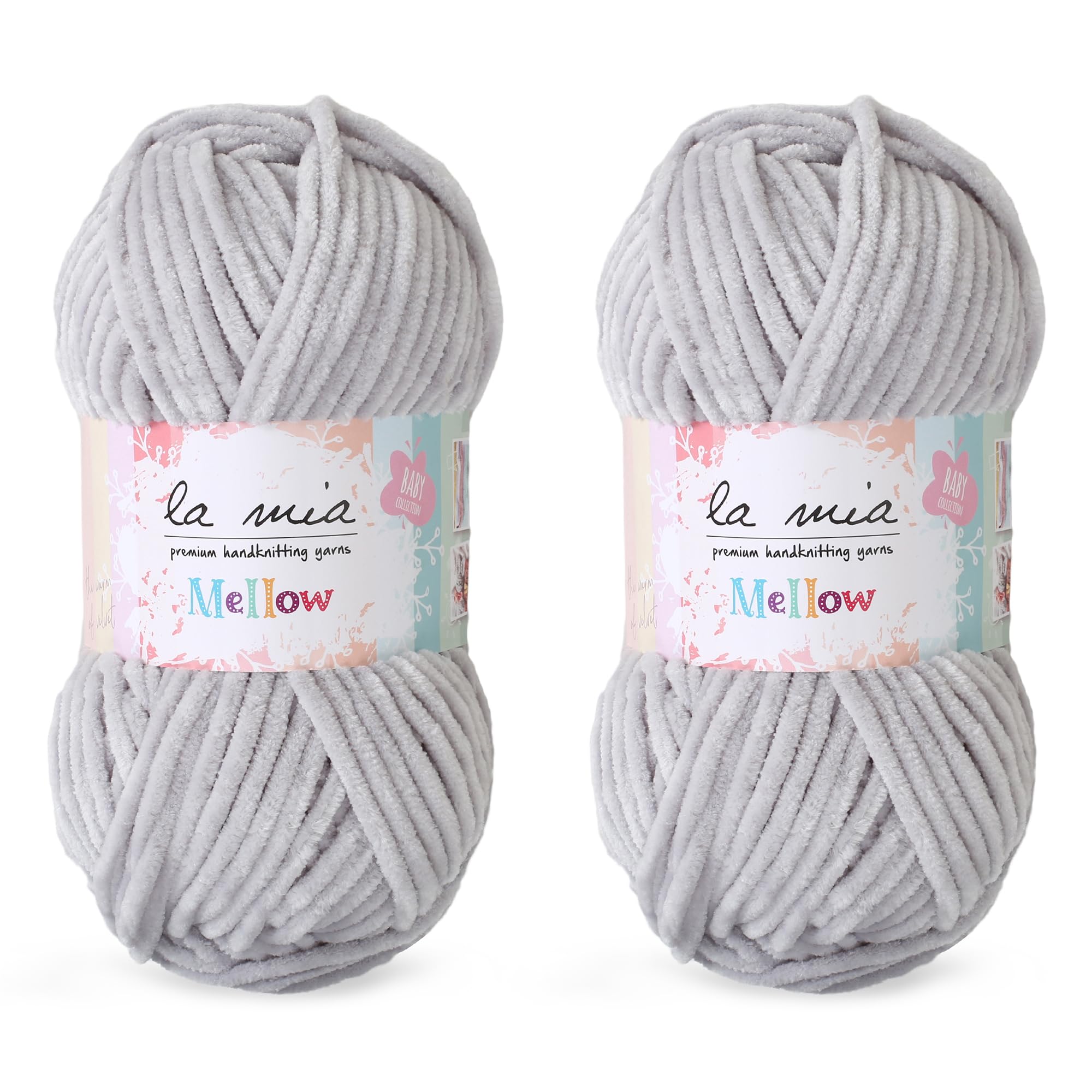 2 Skein La Mia Mellow Velvet Chenille Yarn for Knitting and Crocheting Baby Clothes, Blankets and Accessories, 100% Polyester, 100 gr (3.5 oz) / 115 m (125 Yards), Super Bulky, Light Grey - 942