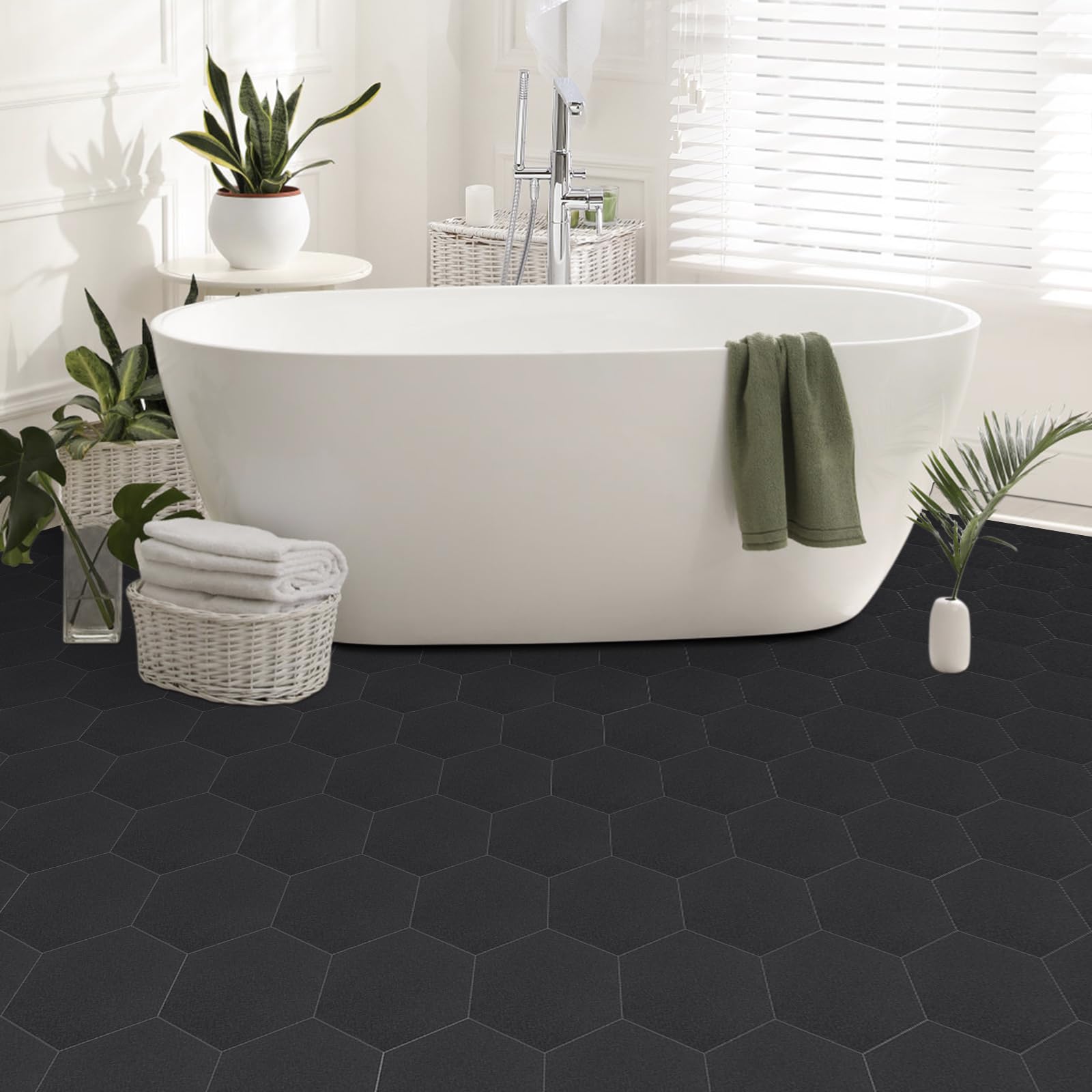 Peel and Stick Floor Tile, 0.027 Inch Thick, Vinyl Flooring, Hexagon Tiles, Easy Cut and Install, Thin and Durable, Waterproof Floor Tile DIY for Bathroom, Solid Black (Covered 3.7 Sq.Ft /10 Pcs)