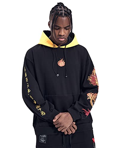 MFCT Japanese Streetwear Embroidered Fleece Hoodies for Men (Large, Black1)