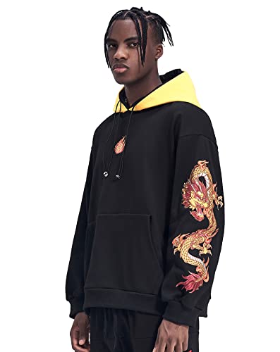 MFCT Japanese Streetwear Embroidered Fleece Hoodies for Men (Large, Black1)