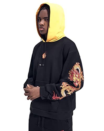 MFCT Japanese Streetwear Embroidered Fleece Hoodies for Men (Large, Black1)