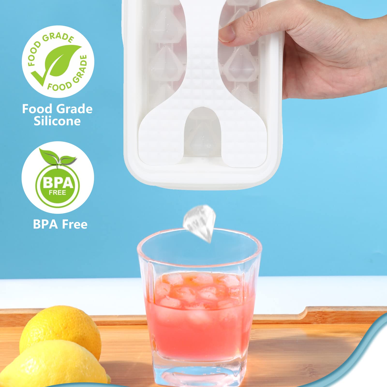 FOGAWA Ice Cube Tray, 2 in 1 Diamond Ice Tray for Freezer, Silicone Ice Cube Tray with Lid Cooling Ice Pop/Cube Molds for Whiskey, Juice, Beer, Cocktail, Coffee,Champagne. 18 Ice Cubes