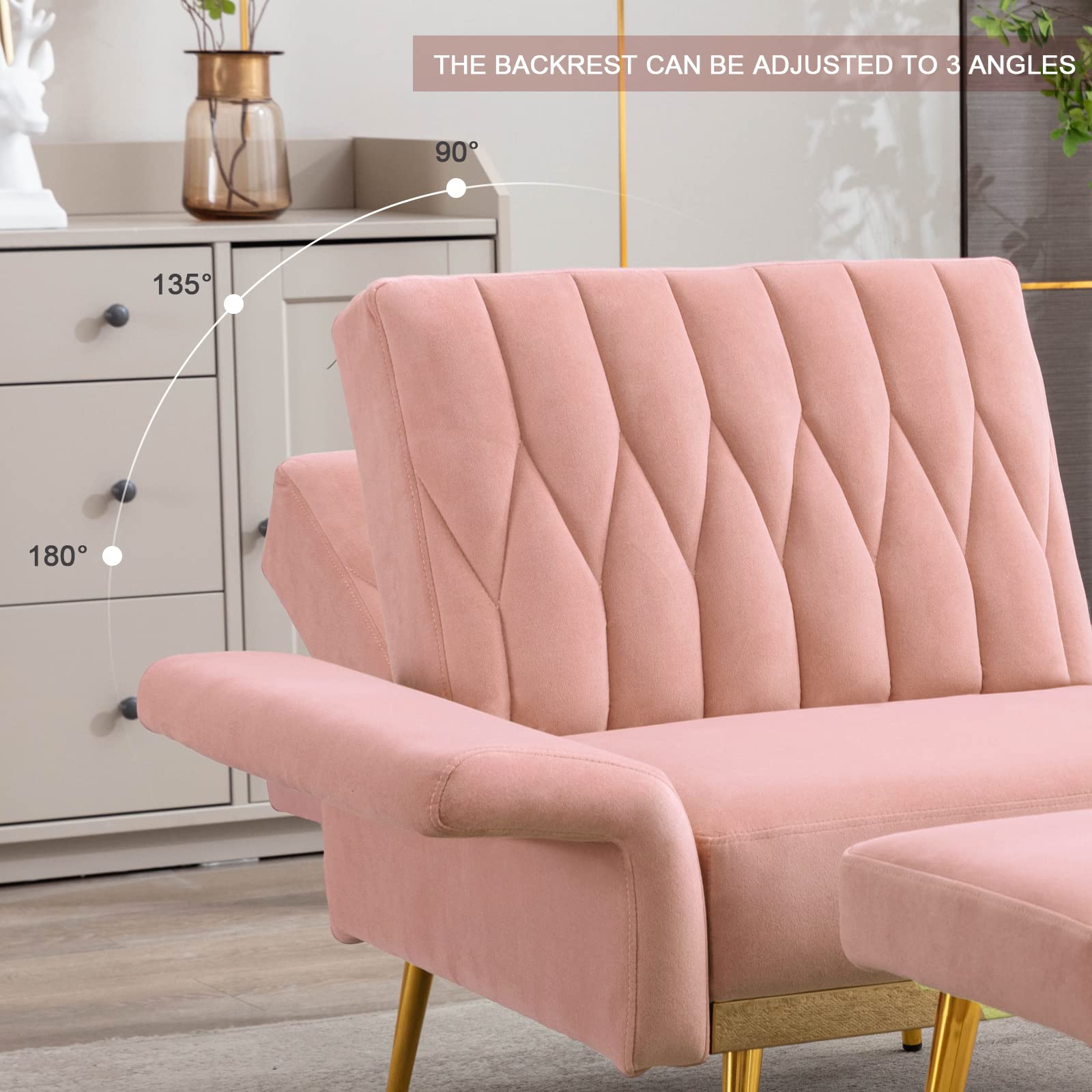 Modern Velvet Single Sofa Chair with Ottoman, Accent Living Room Chairs with Adjustable Armrests, Upholstered Tufted Lounge Chair for Home, Bedroom, Office (Pink)