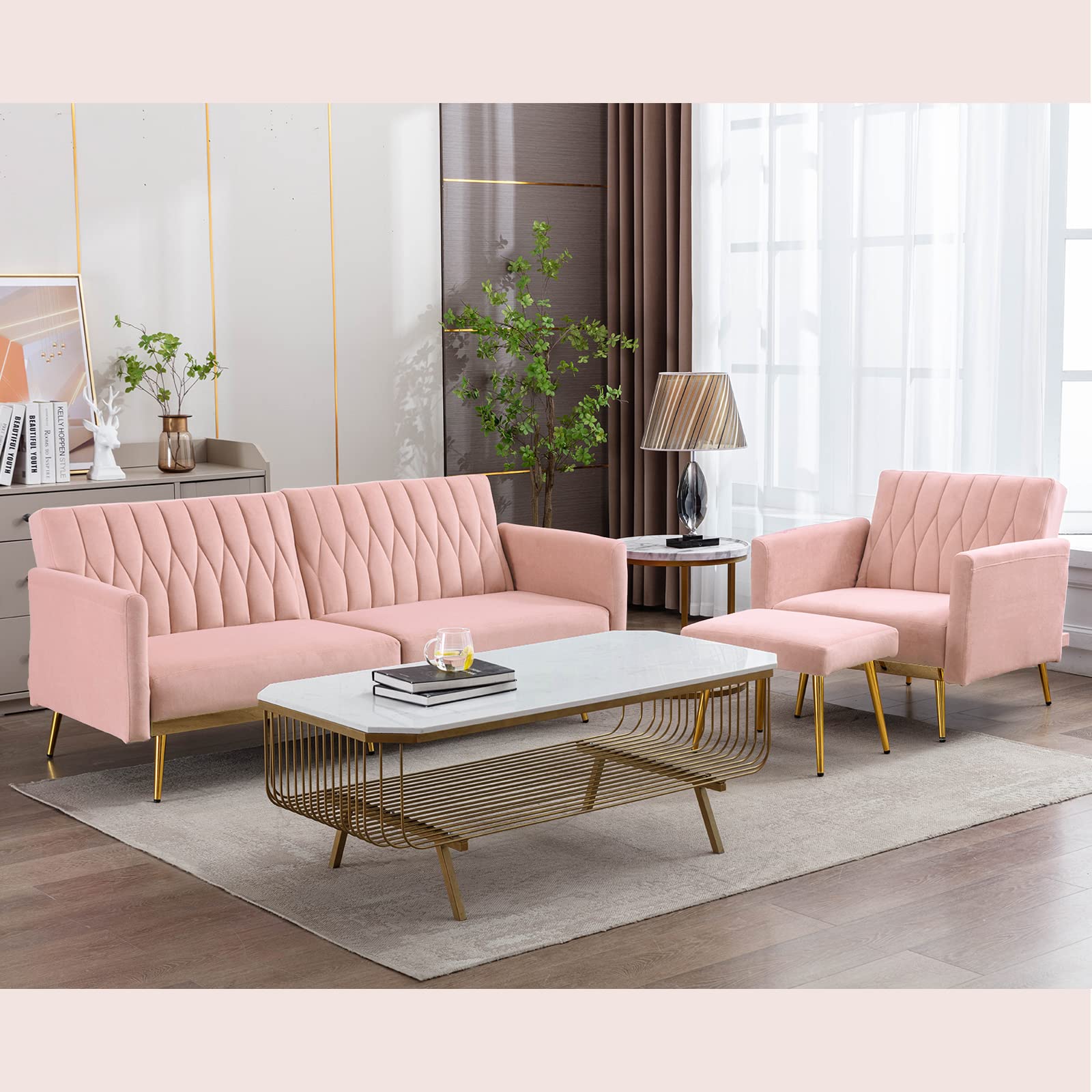 Modern Velvet Single Sofa Chair with Ottoman, Accent Living Room Chairs with Adjustable Armrests, Upholstered Tufted Lounge Chair for Home, Bedroom, Office (Pink)