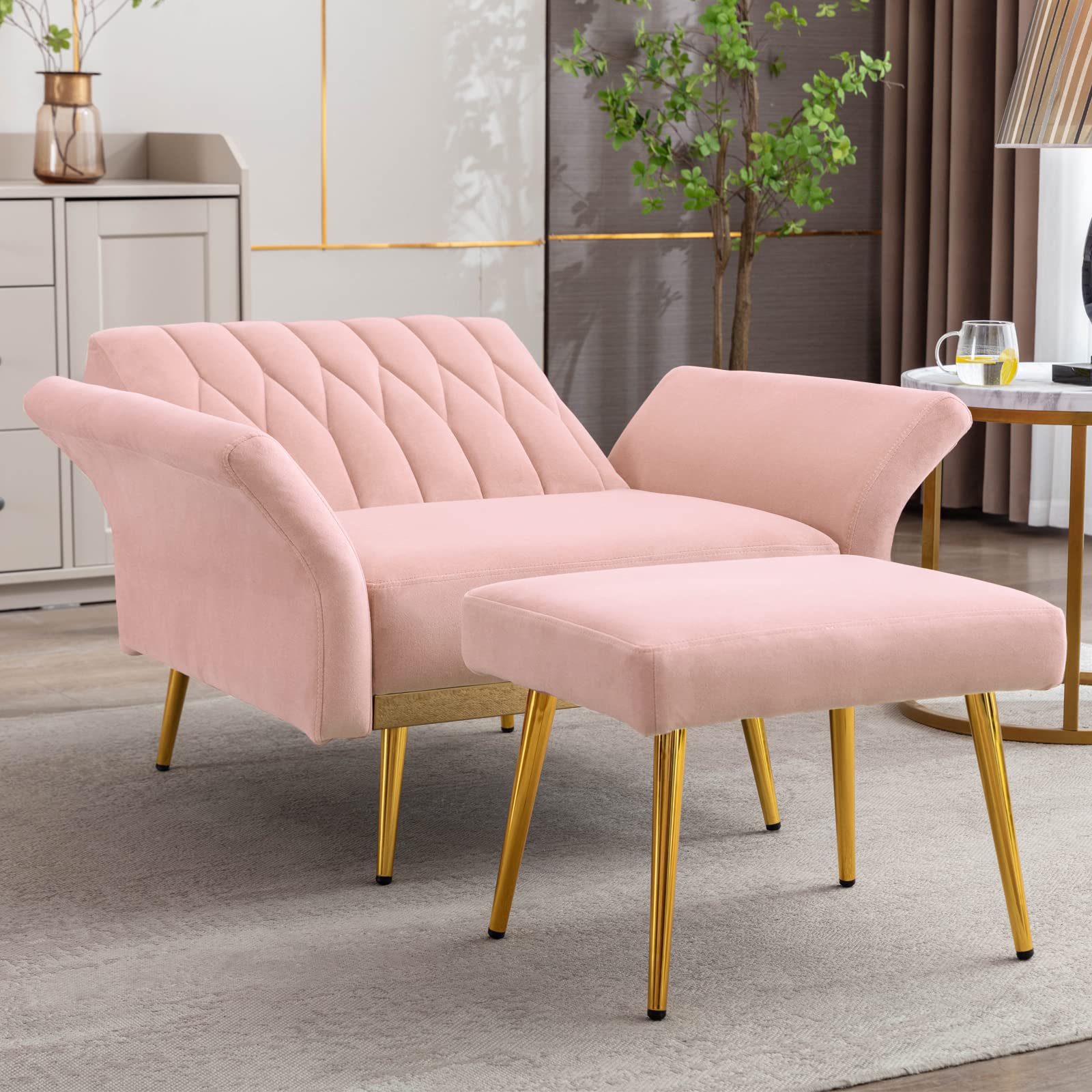 Modern Velvet Single Sofa Chair with Ottoman, Accent Living Room Chairs with Adjustable Armrests, Upholstered Tufted Lounge Chair for Home, Bedroom, Office (Pink)