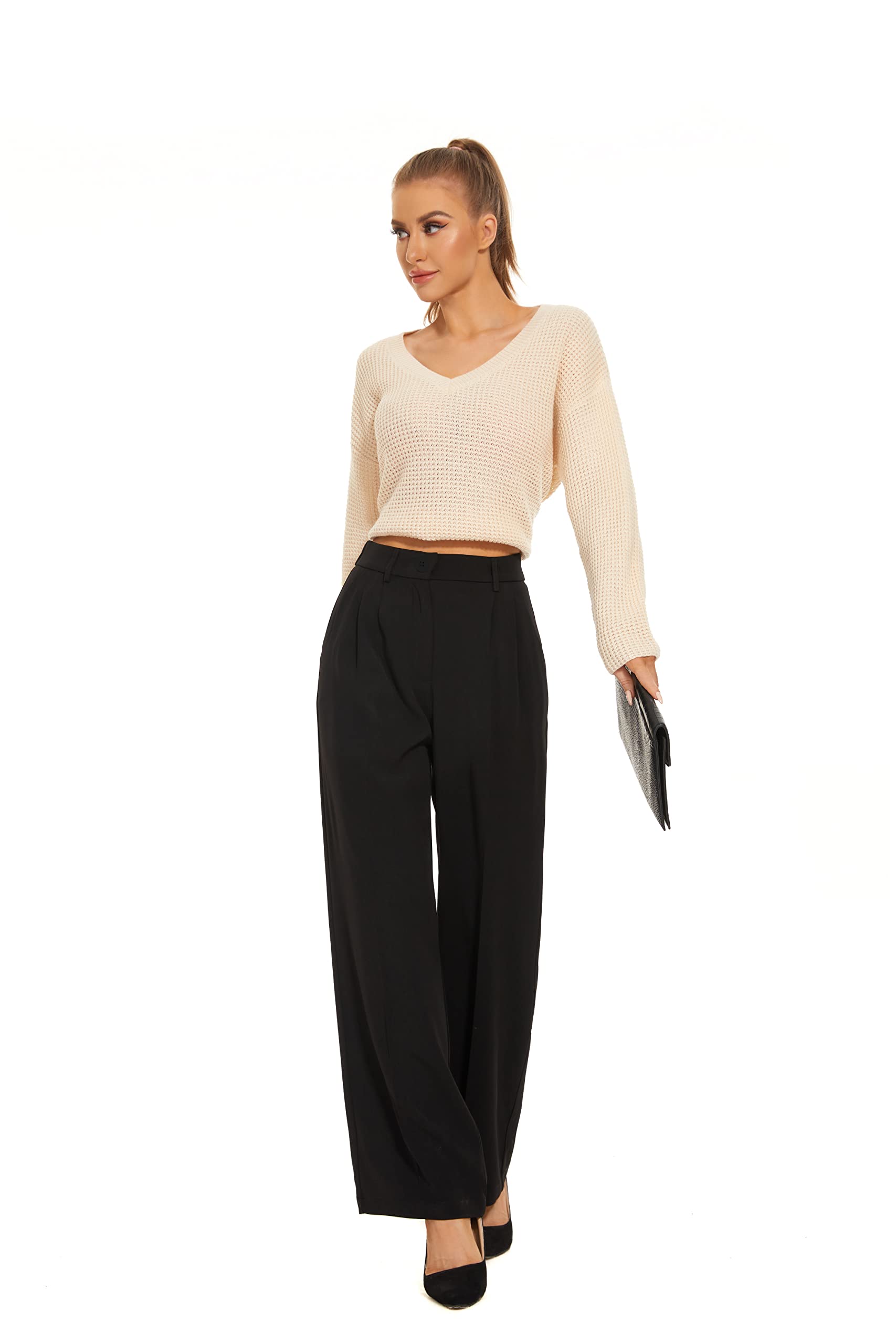 FUNYYZO Women Wide Leg Pants High Elastic Waisted in The Back Business Work Trousers Long Straight Suit Pants