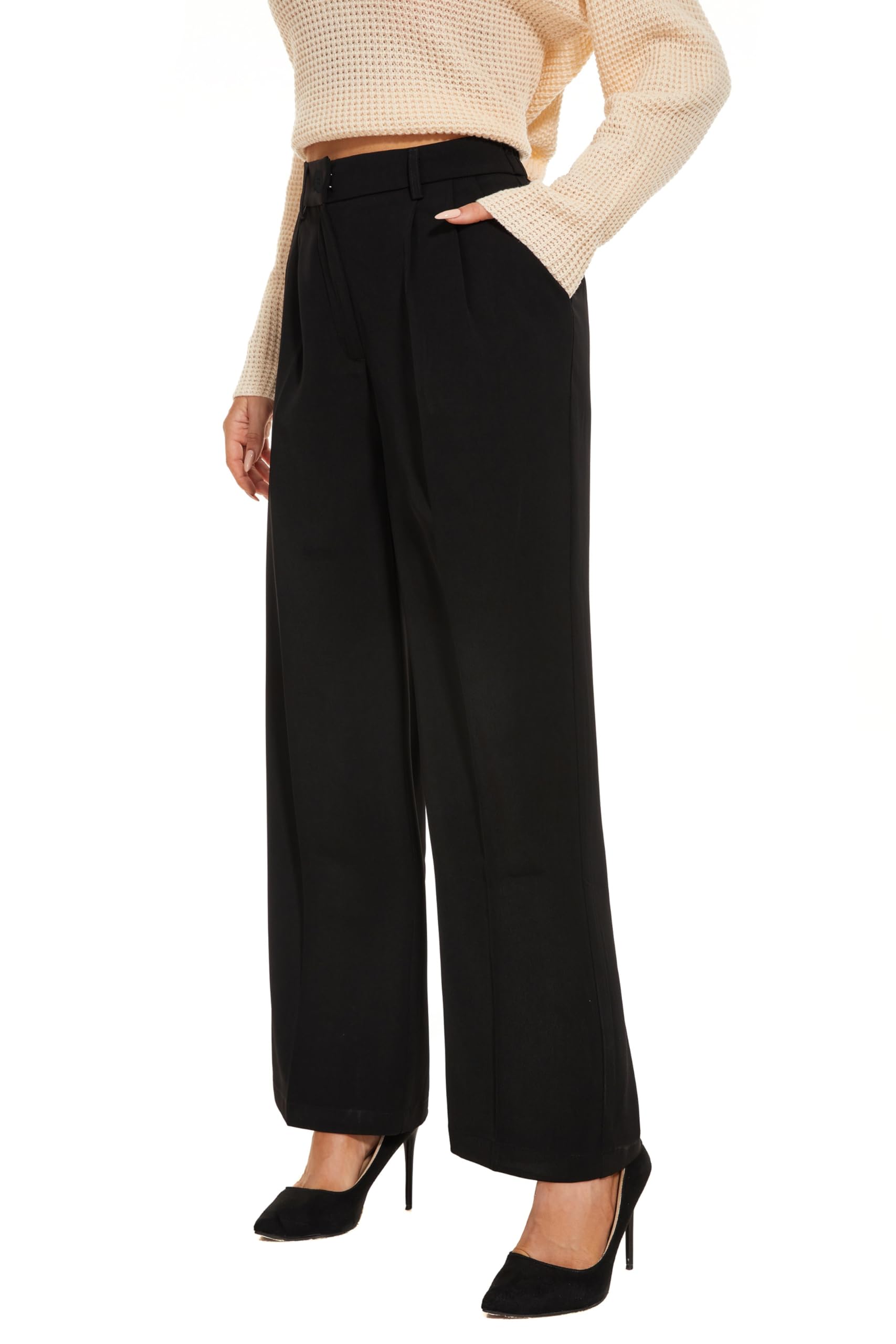 FUNYYZO Women Wide Leg Pants High Elastic Waisted in The Back Business Work Trousers Long Straight Suit Pants