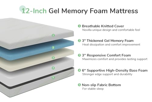 Novilla Full Size Mattress, 12 Inch Gel Memory Foam Mattress Cooling, Full Mattress in a Box for Back Pain Relief, Medium Firm Mattress with Edge Support & Motion Isolation