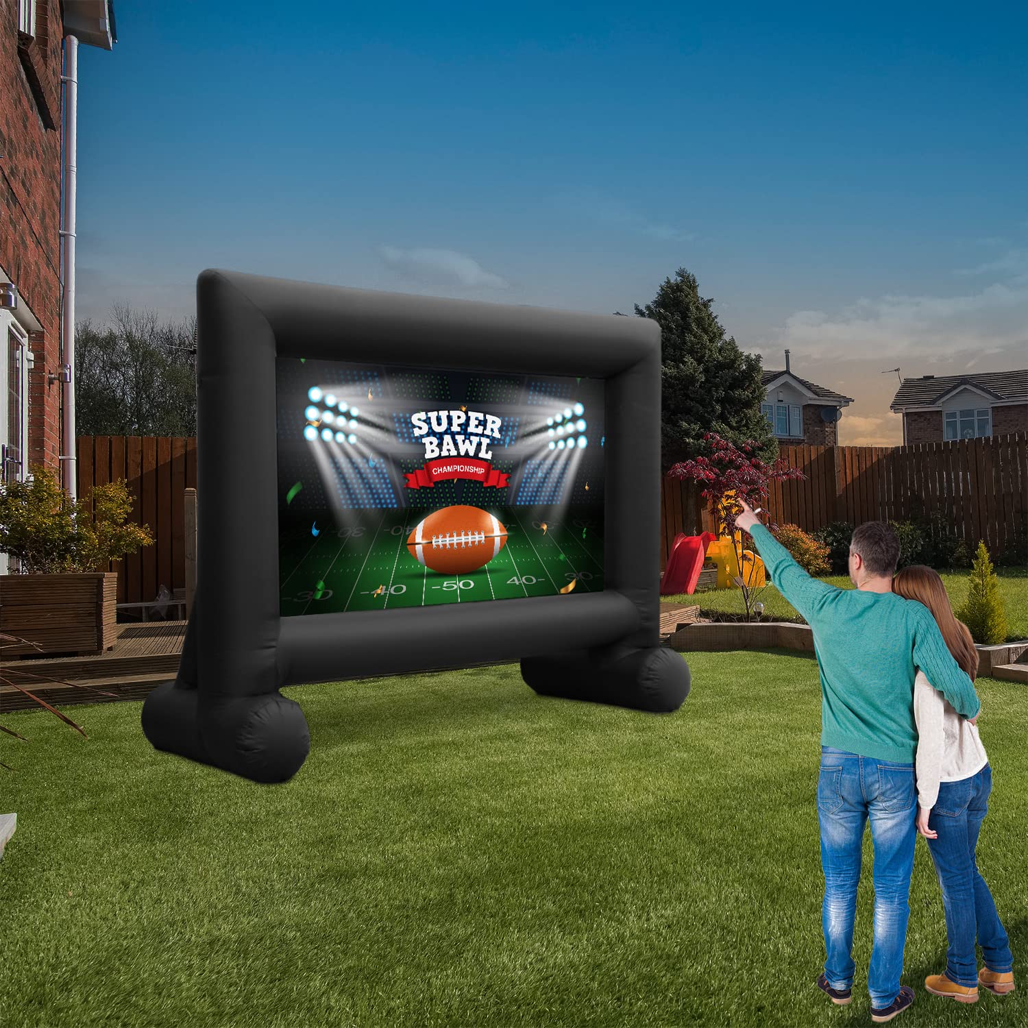 Redia 14 Feet Inflatable Outdoor and Indoor Theater Projector Screen with Built-in Blower - Includes Tie-Downs and Storage Bag - Supports Front and Rear Projection