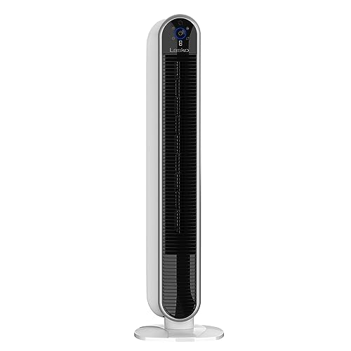Lasko Smart Oscillating Tower Fan Powered by Aria, Wi-Fi Connected, Voice Controlled, Compatible with Alexa and Google Assistant, Timer, 5-Speeds, 40", White, T40735, Large