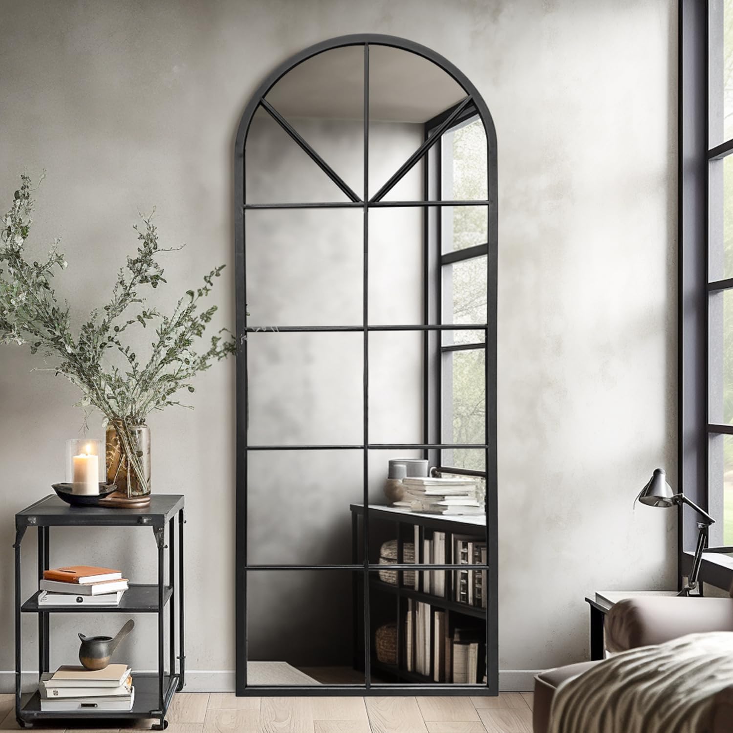 Dewfig Arched Wall Full Length Mirror 22"x65", Black Arched Window Mirror, Vanity Mirror for Bathroom, Bedroom, Entryway, Wall Mirror Full Length with Metal Frame, Arch Top Wall Mirror, Black