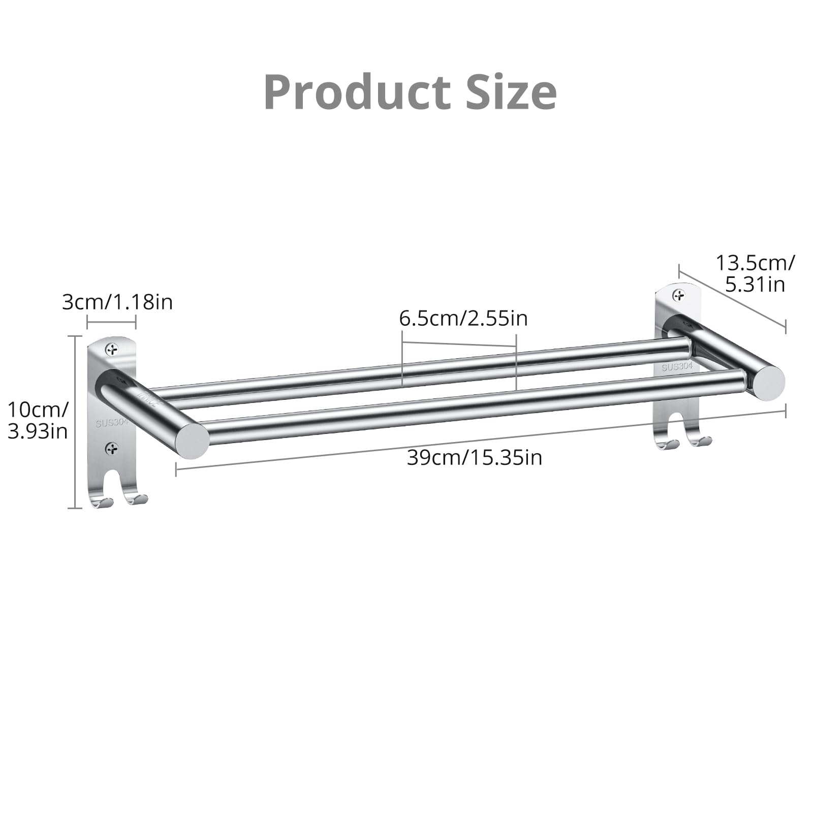 Tanice Double Towel Rail, Stainless Steel Towel Rail Retractable 40-70 Cm/15.75-27.56 Inch Towel Rack Wall Mounted with Screws for Bathroom and Kitchen