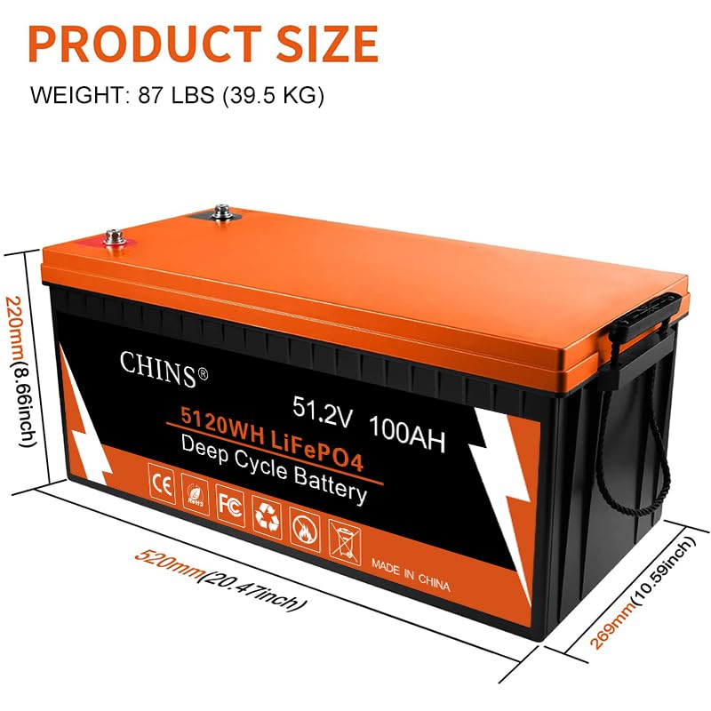CHINS 48V 100AH Lithium Battery for Golf Cart with 48V 18A Charger, Monitor, Built-in Bluetooth 200A BMS, 48V Golf Cart Battery with 10.24kW Output, 1000A Peak Current