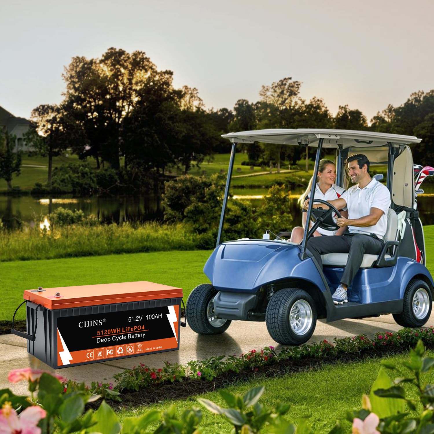 CHINS 48V 100AH Lithium Battery for Golf Cart with 48V 18A Charger, Monitor, Built-in Bluetooth 200A BMS, 48V Golf Cart Battery with 10.24kW Output, 1000A Peak Current