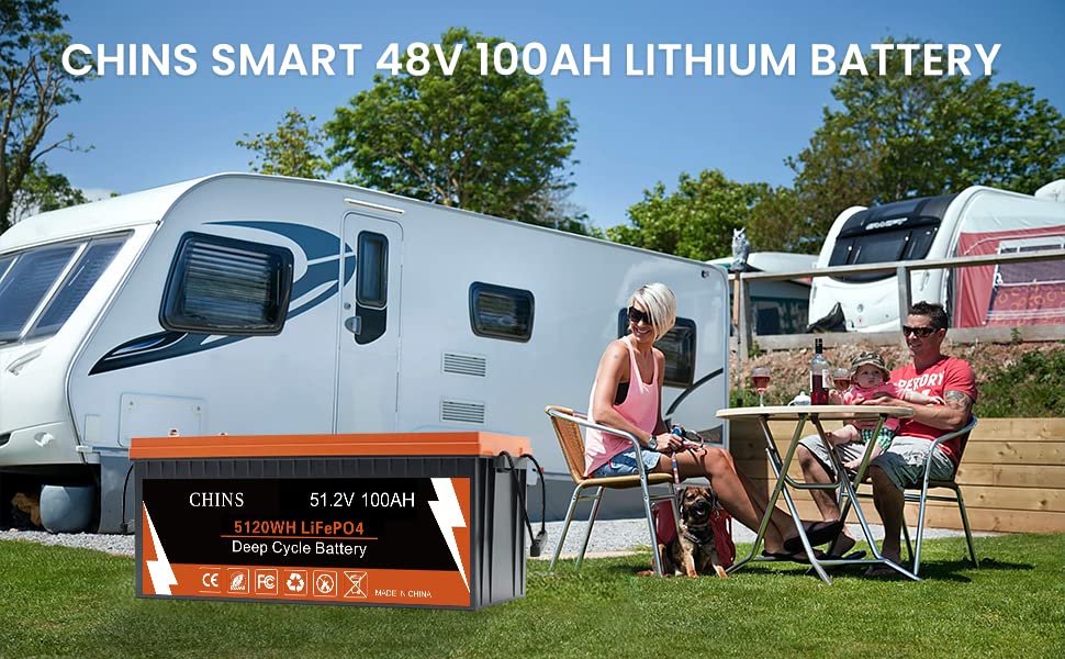CHINS 48V 100AH Lithium Battery for Golf Cart with 48V 18A Charger, Monitor, Built-in Bluetooth 200A BMS, 48V Golf Cart Battery with 10.24kW Output, 1000A Peak Current
