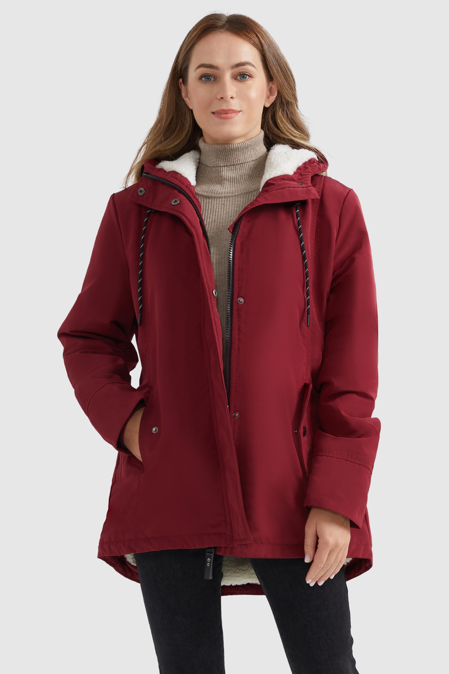 ELEZAY Women's Parka Jacket Hooded Stylish Winter Coats with Polar Fleece Lining Mid Length Warm Parka Coats Zipper Closure Wine, Large