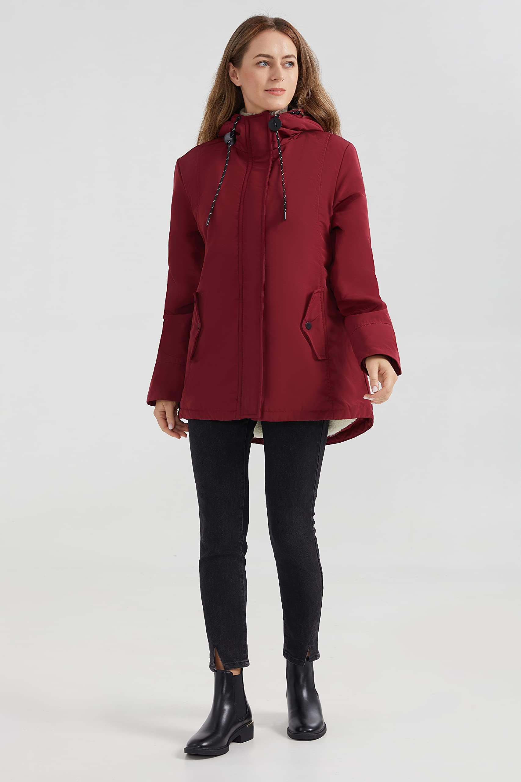 ELEZAY Women's Parka Jacket Hooded Stylish Winter Coats with Polar Fleece Lining Mid Length Warm Parka Coats Zipper Closure Wine, Large