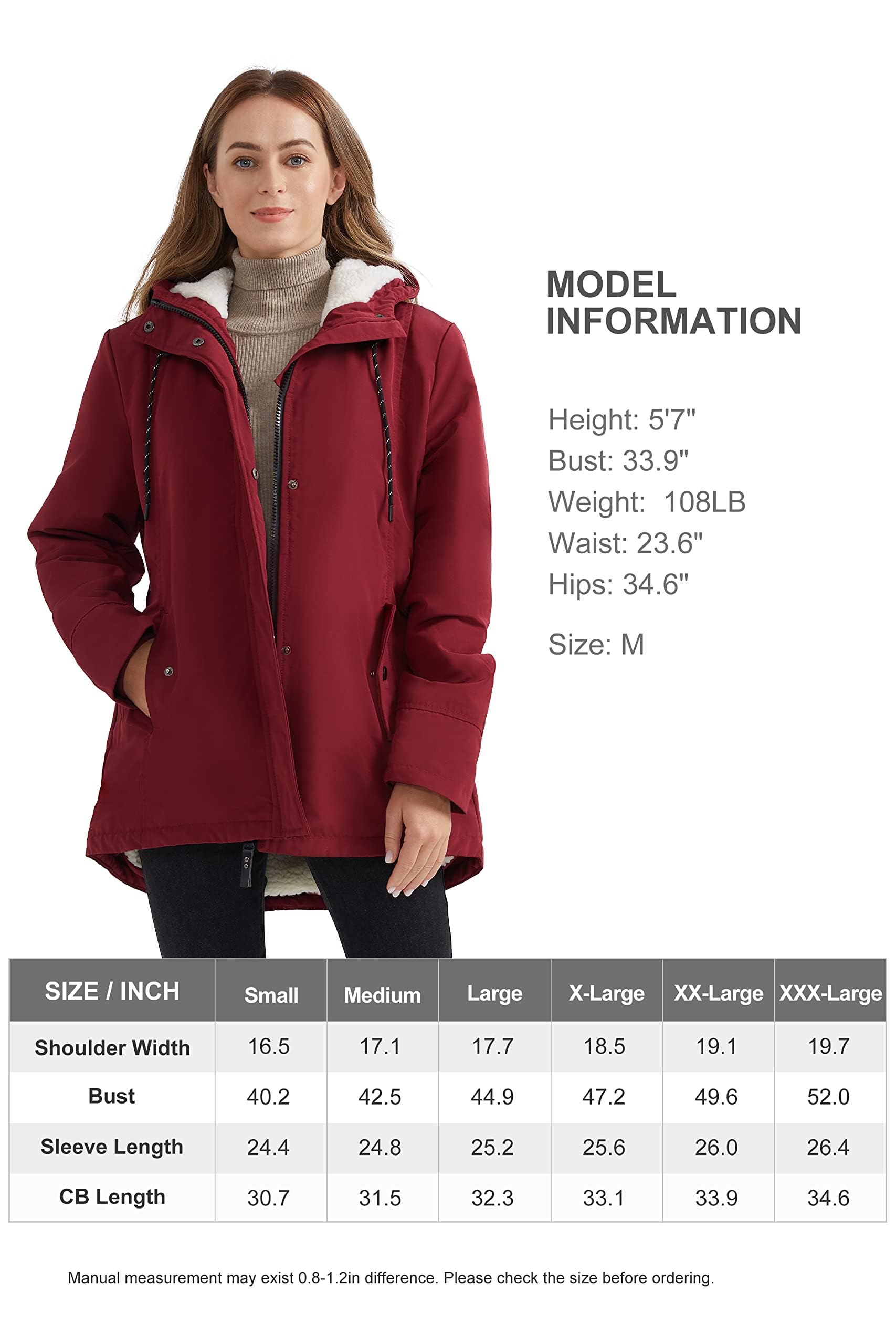 ELEZAY Women's Parka Jacket Hooded Stylish Winter Coats with Polar Fleece Lining Mid Length Warm Parka Coats Zipper Closure Wine, Large