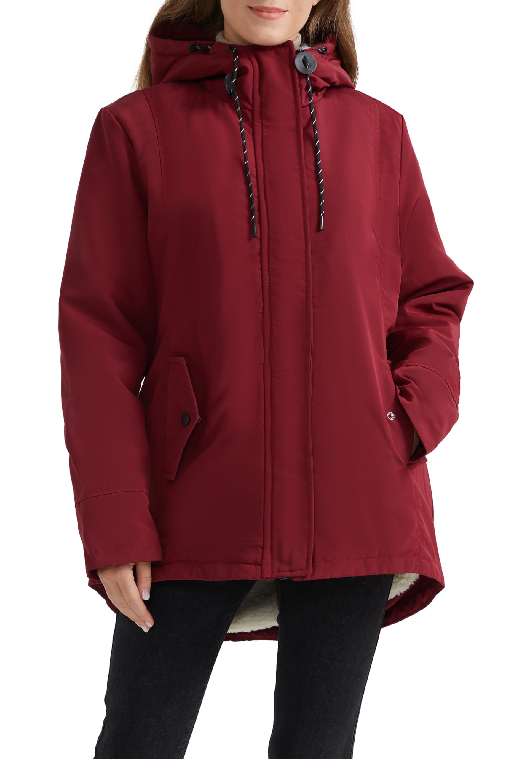 ELEZAY Women's Parka Jacket Hooded Stylish Winter Coats with Polar Fleece Lining Mid Length Warm Parka Coats Zipper Closure Wine, Large