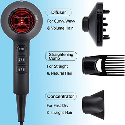 Infrared Hair Dryer, Professional Salon Negative Ionic Blow Dryers for Fast Drying, Pro Ion Quiet Hairdryer with Diffuser & Concentrator & Comb