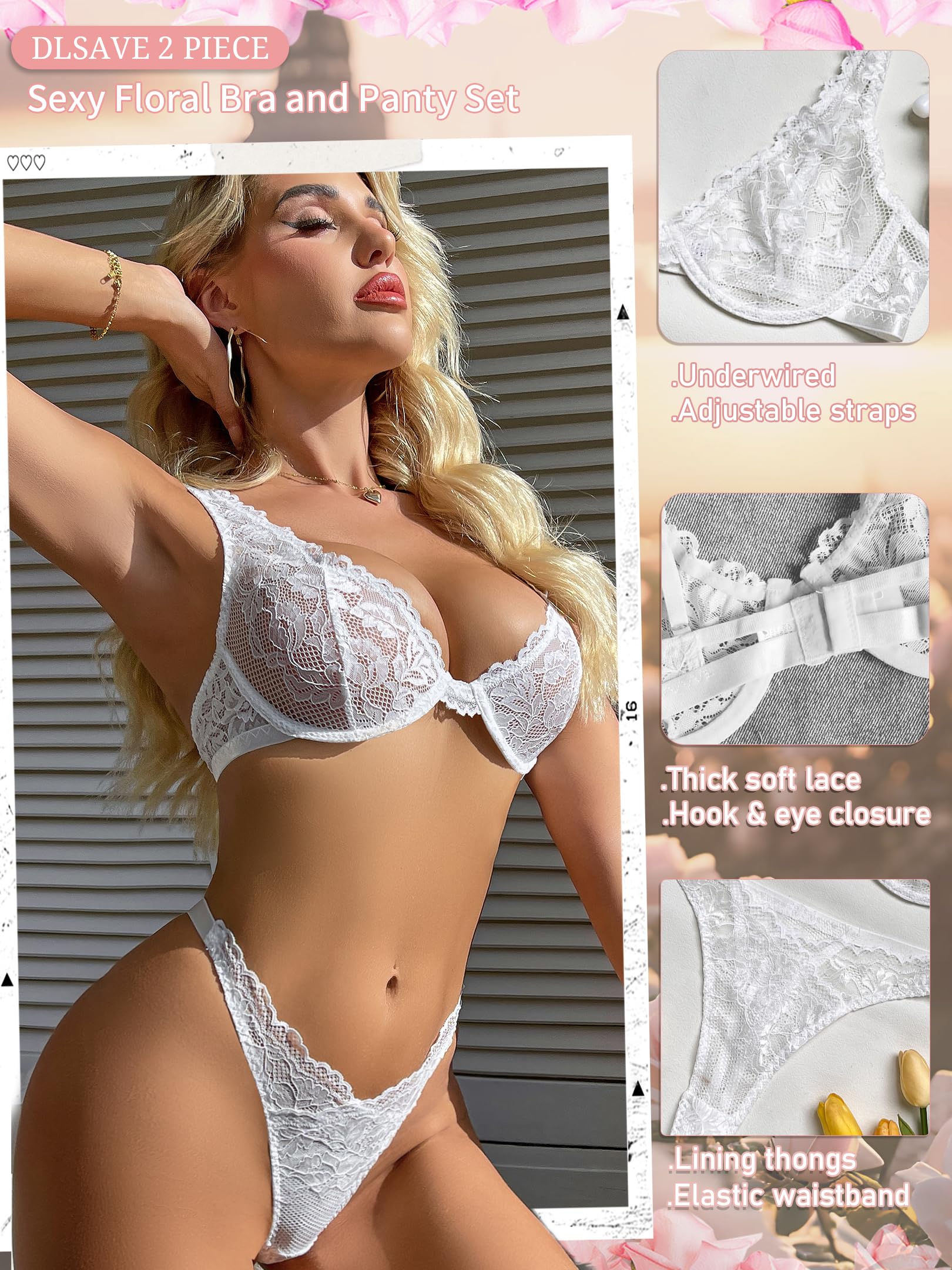 Dlsave Sexy Lingerie for Women Lace V Neck Push Up Lingerie Sets White