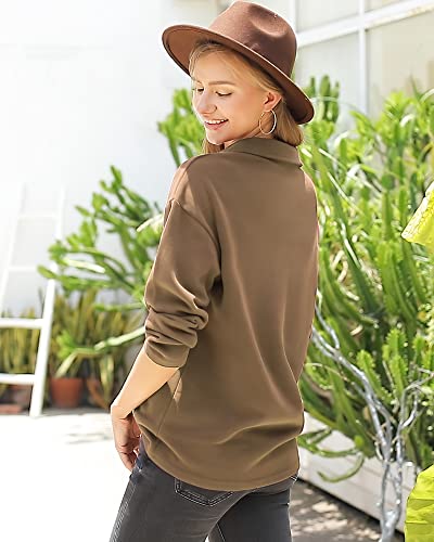 VAFOLY Fall Sweaters for Women 2022 Trendy Long Sleeve Henley Sweatshirts for Ladies Button V Neck Tunic Tops Casual Loose Patchwork Pullover Sweatshirts Fleece V Neck Shirts Mocha Large
