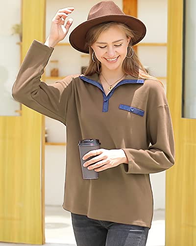 VAFOLY Fall Sweaters for Women 2022 Trendy Long Sleeve Henley Sweatshirts for Ladies Button V Neck Tunic Tops Casual Loose Patchwork Pullover Sweatshirts Fleece V Neck Shirts Mocha Large