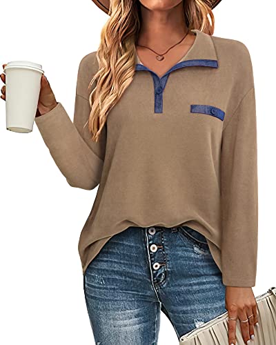 VAFOLY Fall Sweaters for Women 2022 Trendy Long Sleeve Henley Sweatshirts for Ladies Button V Neck Tunic Tops Casual Loose Patchwork Pullover Sweatshirts Fleece V Neck Shirts Mocha Large