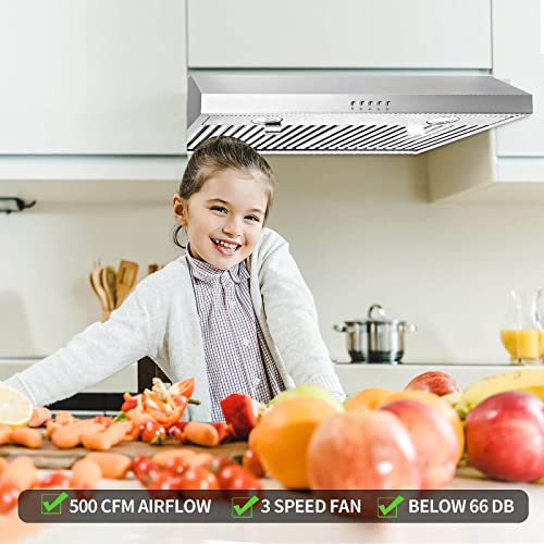 SNDOAS Under Cabinet Range Hood 30 Inch with 3 Way Venting,Stainless Steel Range Hood w/Baffle Filters,Ductless Range Hood 500 CFM,Kitchen Vent Hood,Under Cabinet Hood,3 Speed Exhaust Fan