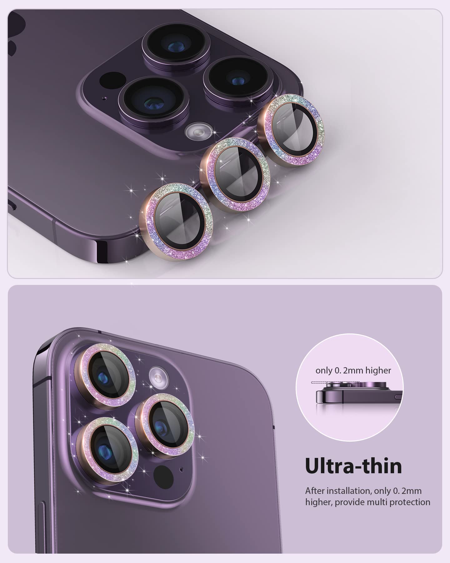 LRONFIEE for iPhone 14 Pro and iPhone 14 Pro Max Camera Lens Protector Aluminium Alloy Tempered Glass Camera Cover for iPhone 14 Pro Max 6.7"/ 14 Pro 6.1" (1 Set) CD Texture Gold