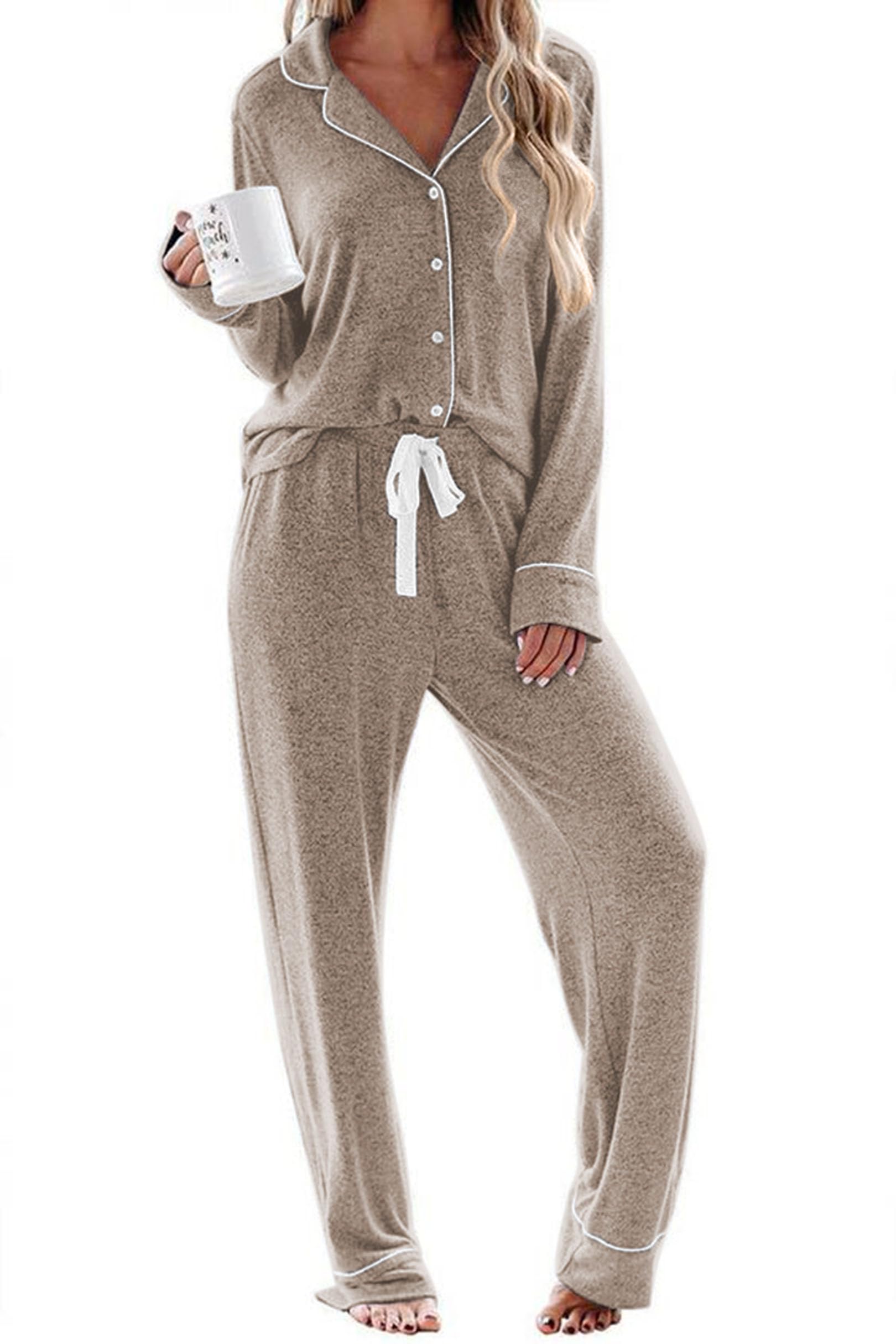Ekouaer Pyjamas for Women Cute Long Sleeve Sleepwear Elegant Two Piece Button Down Loungewear Pjs Set Ladies Pajama Party Light Grey Khaki,Medium