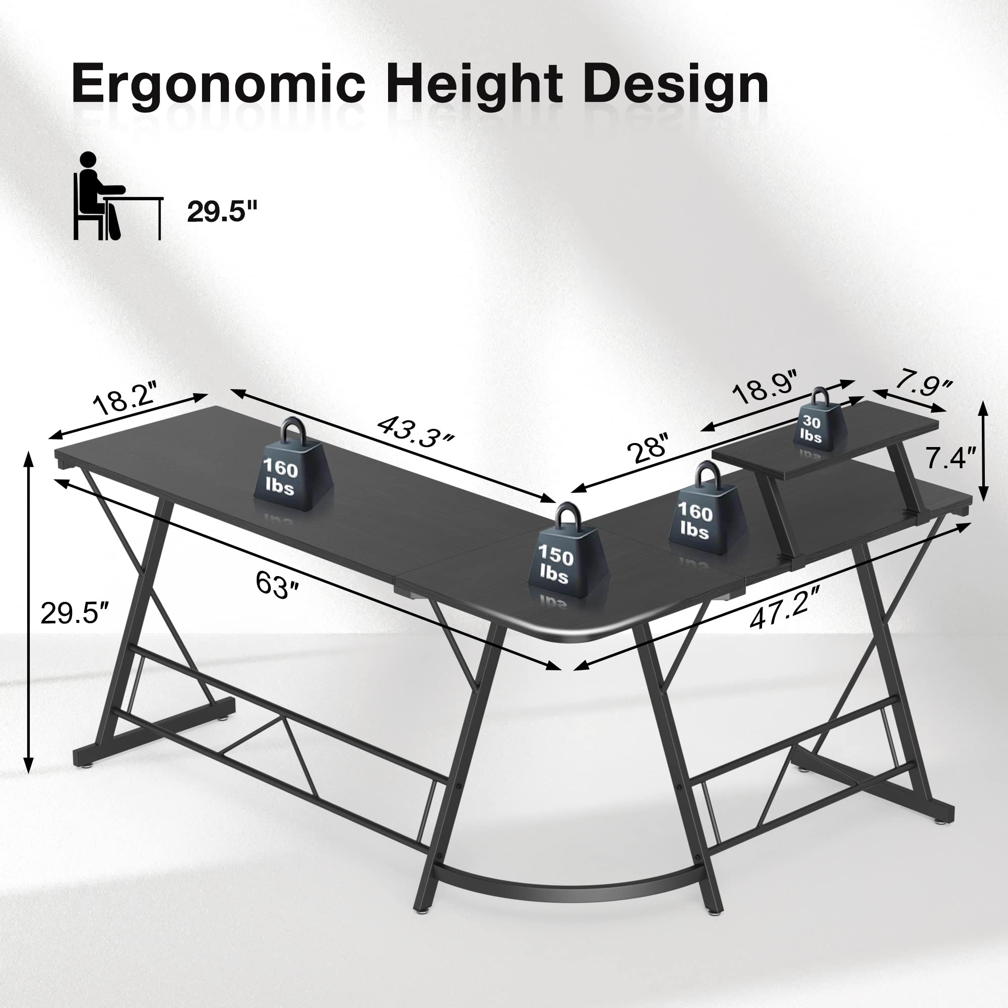 Mr IRONSTONE 63" L Shaped Computer Desk, Corner Desk, Home Office Desk, Gaming Writing Workstation with Large Monitor Stand, Easy to Assemble, Black Willow