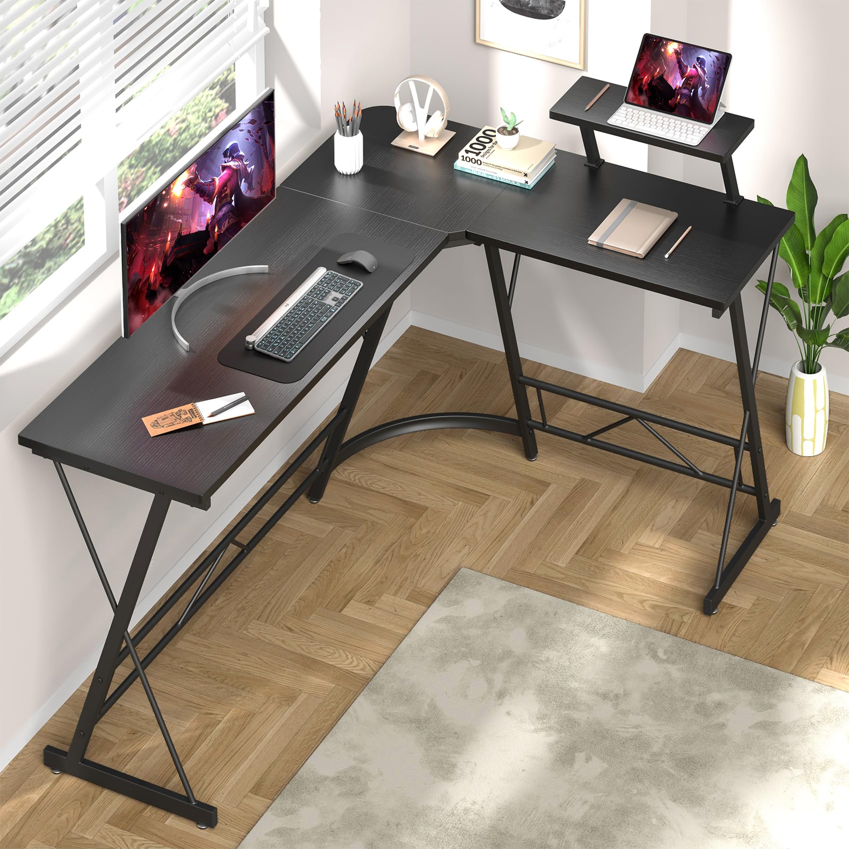 Mr IRONSTONE 63" L Shaped Computer Desk, Corner Desk, Home Office Desk, Gaming Writing Workstation with Large Monitor Stand, Easy to Assemble, Black Willow