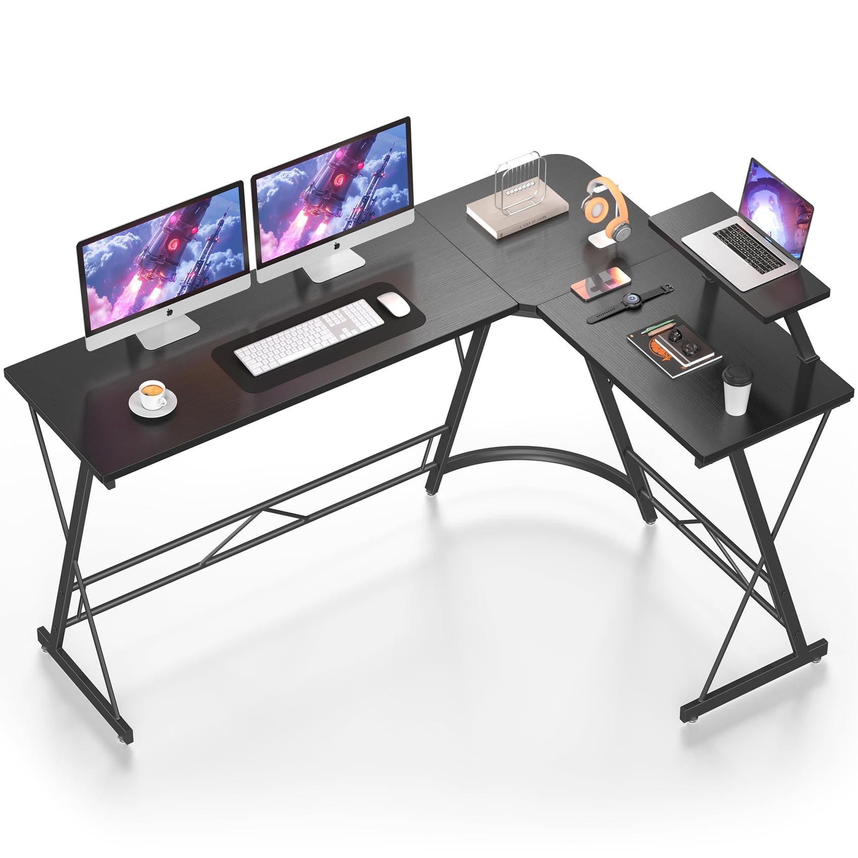 Mr IRONSTONE 63" L Shaped Computer Desk, Corner Desk, Home Office Desk, Gaming Writing Workstation with Large Monitor Stand, Easy to Assemble, Black Willow