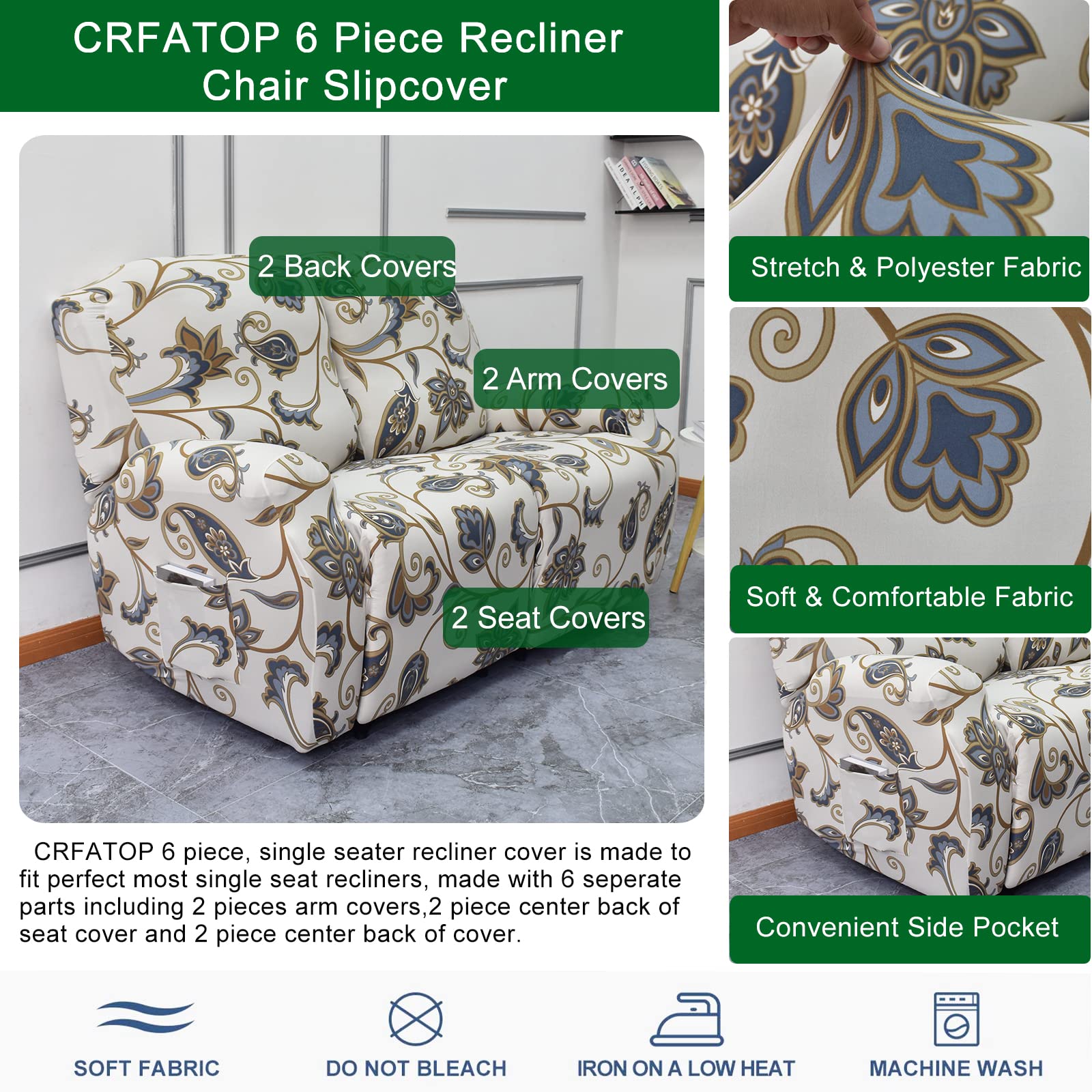 CRFATOP Printed Recliner Chair Slipcover with Pockets 2 Seat Recliner Sofa Covers 6-Pieces Lazy Boy Chair Cover Fallon Collection Slipcover for Recliner with Elastic Bottom,01