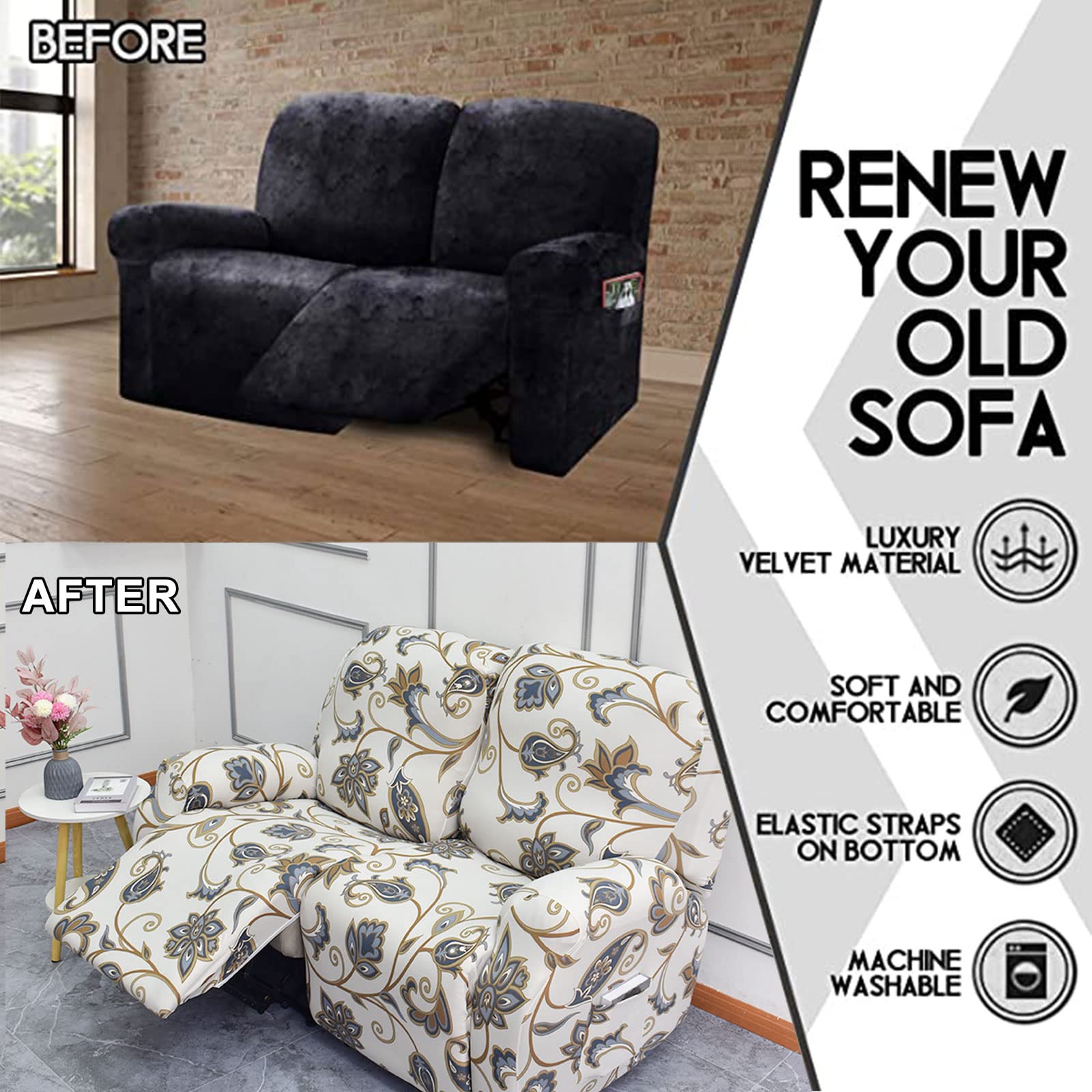 CRFATOP Printed Recliner Chair Slipcover with Pockets 2 Seat Recliner Sofa Covers 6-Pieces Lazy Boy Chair Cover Fallon Collection Slipcover for Recliner with Elastic Bottom,01