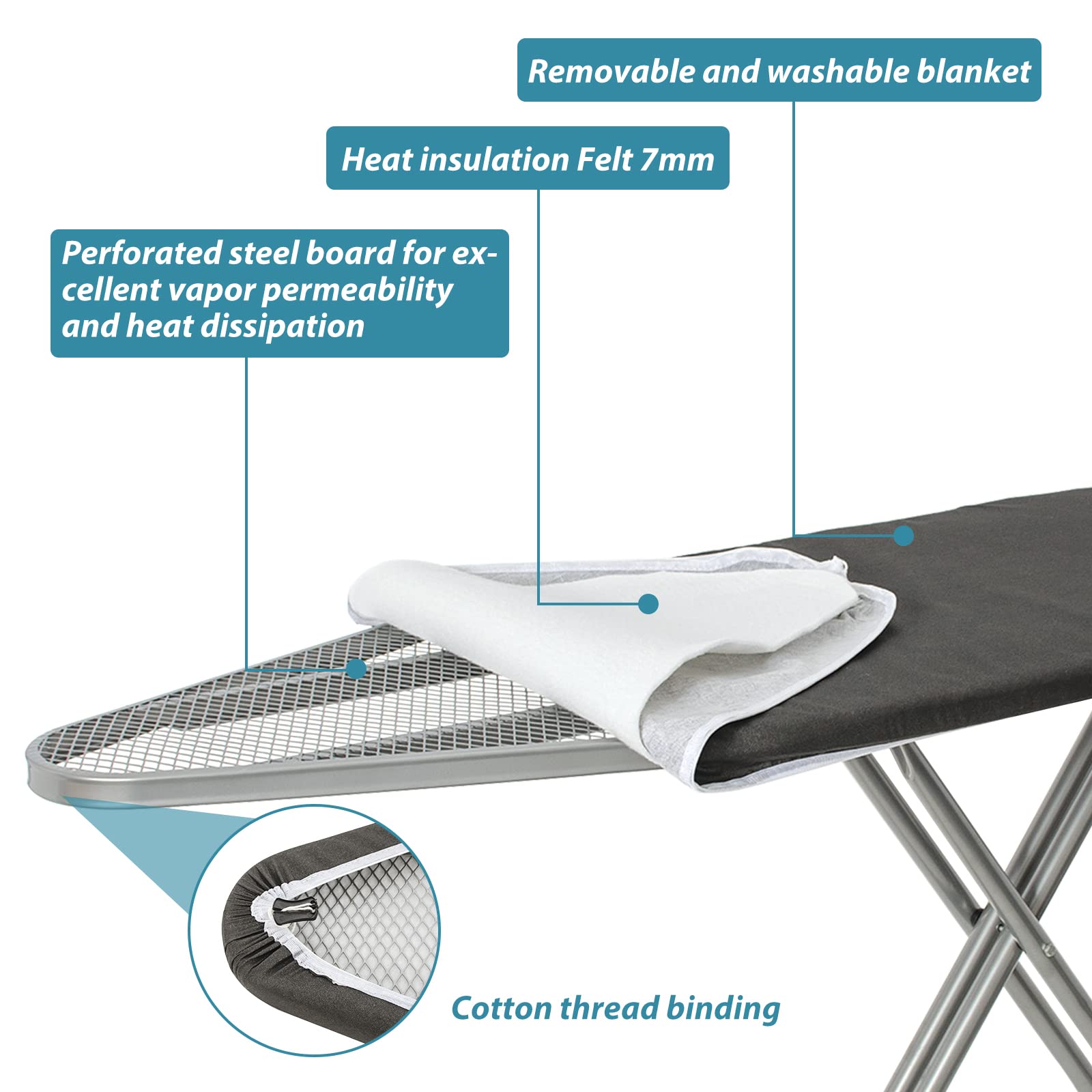 AKOZLIN 48" x 18" Extra Wide Ironing Board with Height Adjustable up to 36",Solid Steam Iron Rest,T-Leg Extreme Stability Foldable Ironing Board for Home Laundry Room Dorm Grey