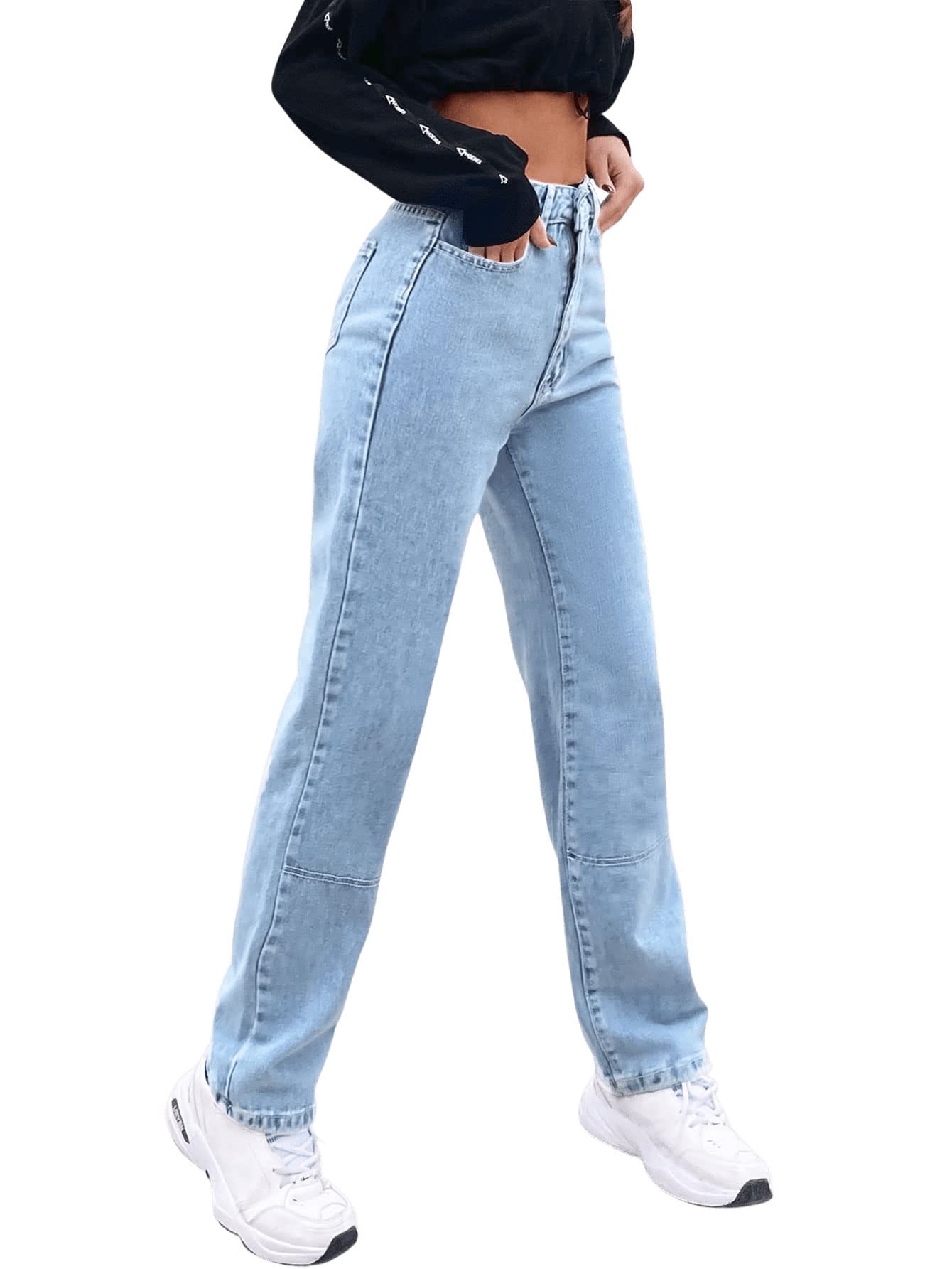 SweatyRocks Women's Casual High Waisted Straight Leg Boyfriend Jeans Denim Pants Light Wash S